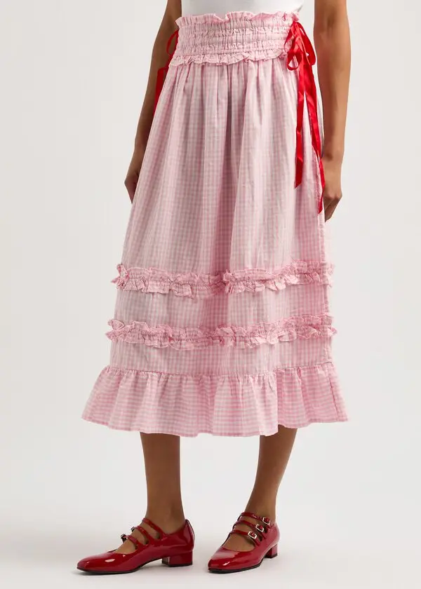 Damson Madder Olivia Gingham Cotton Midi Skirt In Light Pink - 51
